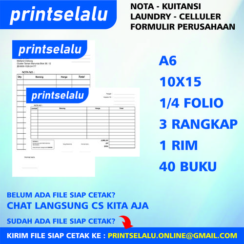 Jual Cetak Nota A6 3 Rangkap Ply per Rim (Nota Celluler Laundry Service ...