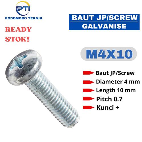 Jual Baut JP/Screw M4X10 Galvanise Baut JP Screw M4x10 Kunci (+) Plus ...