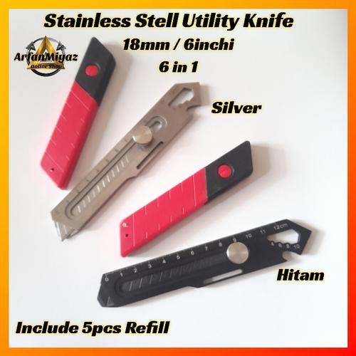 Promo Pisau Cutter Stainless 18mm 6 in 1 multifungsi Baja Cutter Besi 5 ...