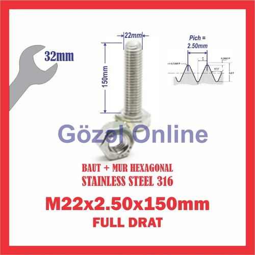 Jual Baut Mur hex M22 x2.5 x150mm FULL DRAT Stainless Steel 316 SS316 SUS316 - Kota Bekasi ...