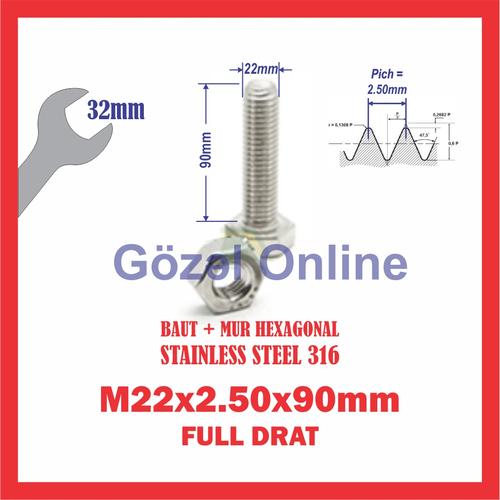 Jual Baut Mur hex M22 x2.5 x90mm FULL DRAT Stainless Steel 316 SS316 ...