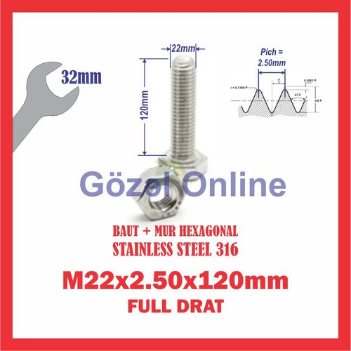 Jual Baut Mur hex M22 x2.5 x120mm FULL DRAT Stainless Steel 316 SS316 ...