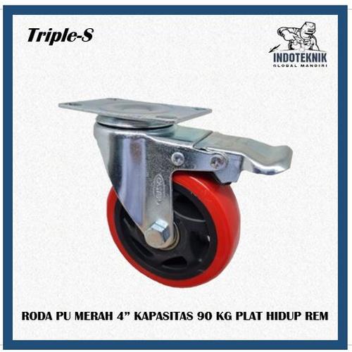 Jual Roda PU Merah 4 inch Double Bearing Roda Trolly 4" Plat HIDUP REM ...