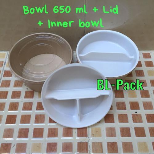 Jual Paper bowl 650 ml coklat muda natural kraft dengan tutup dan inner ...