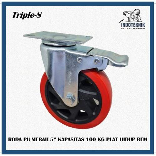 Jual Roda PU Merah 5 inch Double Bearing Roda Trolly 5" Plat HIDUP REM ...