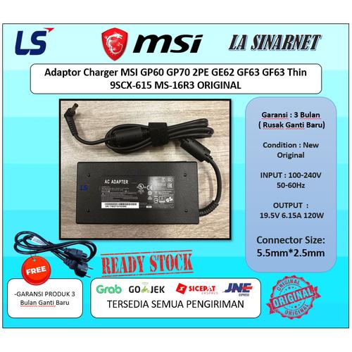 Promo Adaptor Charger MSI GP60 GP70 2PE GE62 GF63 GF63 Thin 9SCX-615 MS-16R3 ORIGINAL - Jakarta ...