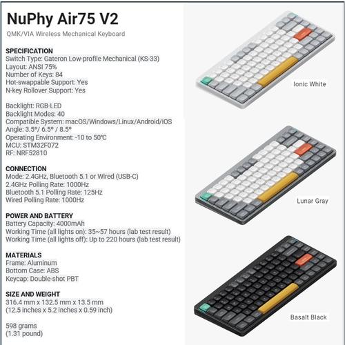 Promo NuPhy Air75 V2 Wireless Custom Mechanical Keyboard - Ionic White ...