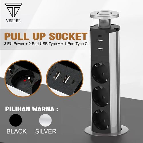 Promo pull up stand socket 3slot + USB type A + type C stop kontak ...