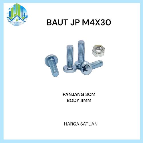 Jual baut mur jp m4x30 pan head / baut obeng 4 mm 3 cm m4 x 30 / baut 3cm 4mm kepala obeng ...