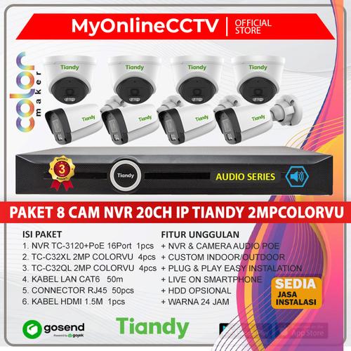 Promo Paket IP Camera 2MP PoE Audio ColorVu CCTV Tiandy 8 Kamera NVR 20Ch Lengkap Praktis Siap ...