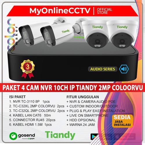 Promo Paket IP Camera 2MP PoE Audio ColorVu CCTV Tiandy 4 Kamera NVR 10Ch Lengkap Praktis Siap ...