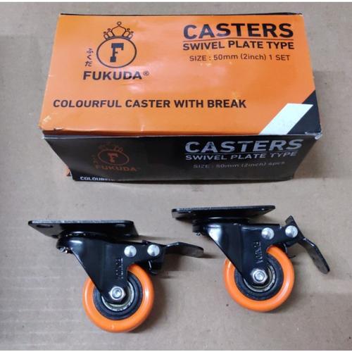Jual Roda Caster Troli / Roda Orange Hidup + Rem FUKUDA 2" (50mm) @4Pcs ...