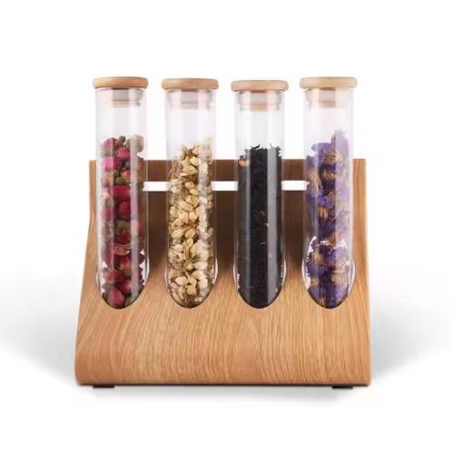 Jual Wadah Kopi Teh Display Set Airtight Glass Wood Stopper 4 Tabung ...