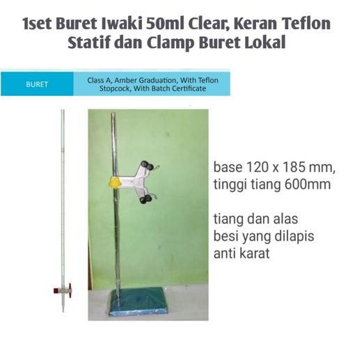 Jual Buret Teflon stopcock clear 50ml Iwaki dengan statif dan clamp ...