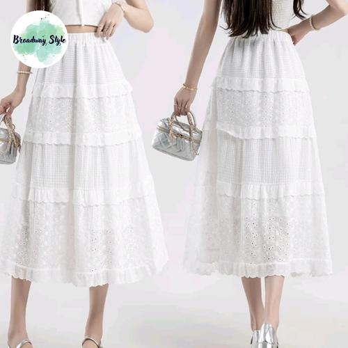 Jual Maxi Long Skirt Rok Panjang Wanita Shabby White Putih Ruffle Lace ...