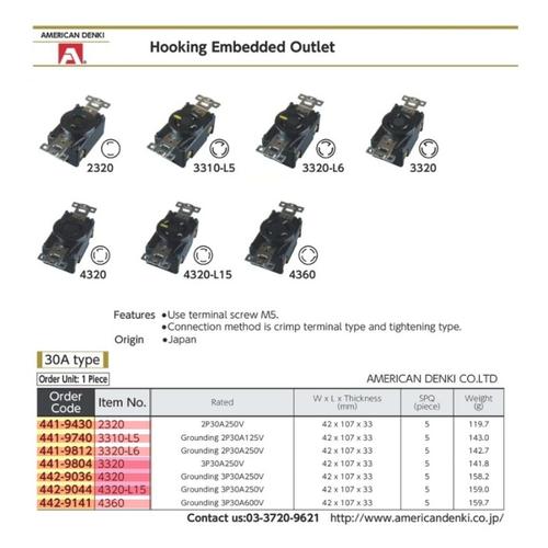Jual Straight Blade Type Receptacle 3P,30A,250V AMERICAN DENKI 3320 ...
