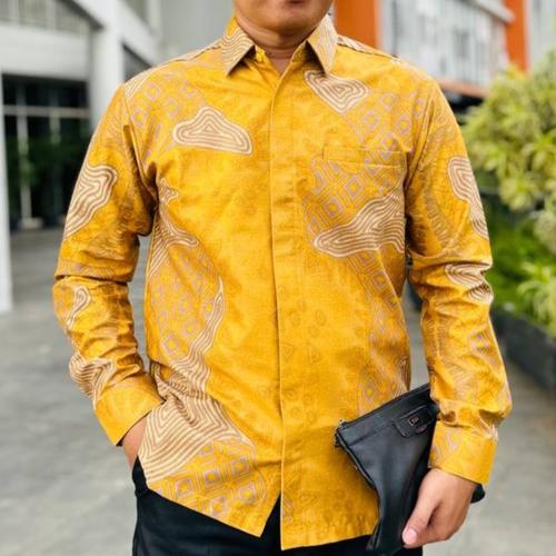 Jual Kemeja batik pria KUNING lengan panjang bahan katun motif terbaru ...