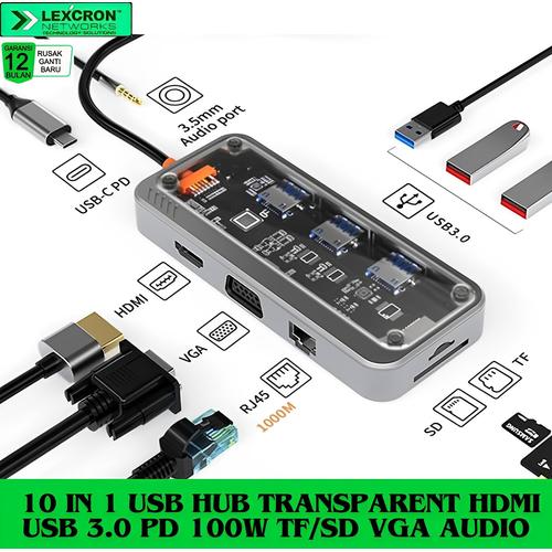 Promo LEXCRON TYPE C 10 IN 1 USB HUB TRANSPAREN HDMI USB 3.0 PD 100W TF/SD VGA AUDIO Adaptor ...