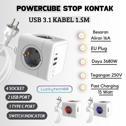 Jual POWERCUBE STOP KONTAK LISTRIK SOCKET POWERCUBE USB 3.1 KABEL 1.5 - Biru - Jakarta Barat ...