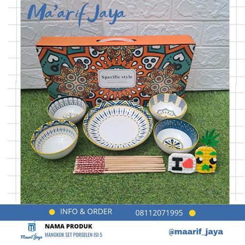 Jual Mangkok Set Porselen Keramik Motif Isi 5+Sumpit Kayu/Mangkok Makan ...