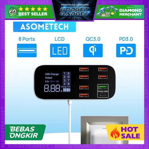 Jual ASOMETECH Charger Station USB 8 Port Fast Charging PD QC 40W LED Display - WLX-A9D ...