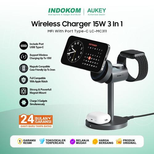 Promo Aukey LC-MC311 Magnetic Wireless Charger 15W 3 In 1 MFI With Port Type C Cicil 0% 3x ...