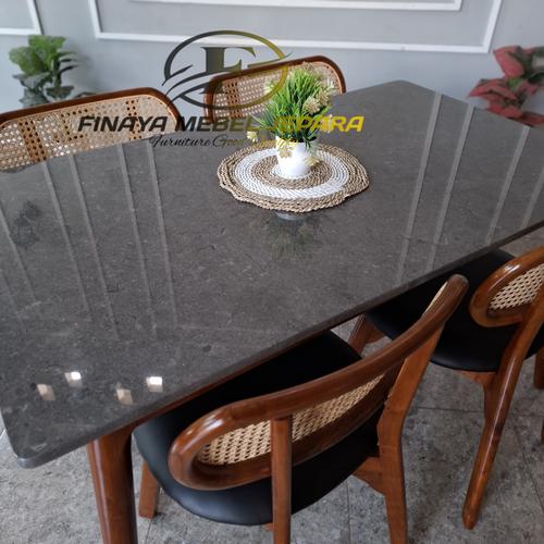 Jual set Meja Makan Marmer 6 kursi, set dining table marble, kursi makan rotan, dining chair ...