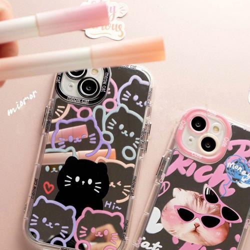 Promo New! Plating Mirror Painted Lines Cute Cat Phone Case For iPhone ...