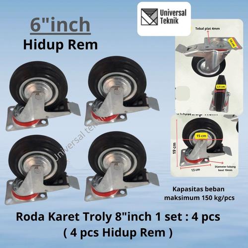 Jual Roda Karet Troli 6 inch 1 set = 4pcs ( Hidup Rem-Hidup-Mati ...