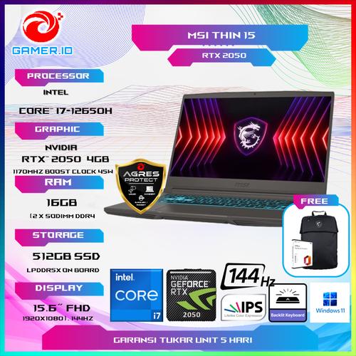 Promo MSI Thin 15 B12UCX Core i7-12650H RTX 2050 512GB 15.6" FHD 144Hz W11 - Tanpa Paket, Tanpa ...