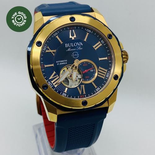 Jual Bulova 98A227 Marine Star Open Heart Navy Dial Roman Index Rose ...