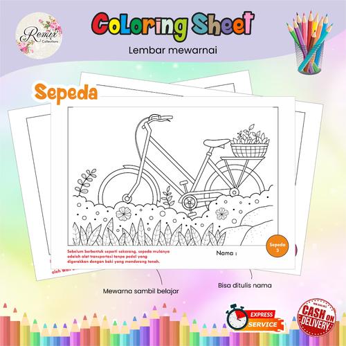 Jual Kertas Mewarnai tema SEPEDA / Kertas Gambar / Kertas Warna Anak TK ...