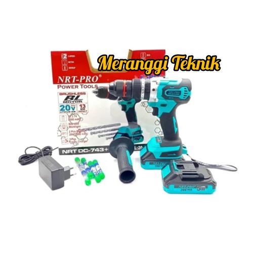 Jual Mesin bor cordless NRT PRO 743 DC 20 volt 13 mm set drill impact tembok beton 2 baterai ...