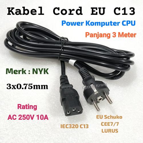 Jual Kabel Power AC Cord 1.5 Meter Lurus EU C13 Komputer CPU NYK 3x0.75mm - Panjang 3M - Jakarta ...