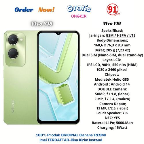 Jual Vivo Y18 4G NFC Ram4/64Gb Garansi Resmi 1Tahun - Kota Bandar Lampung - 91cellular | Tokopedia