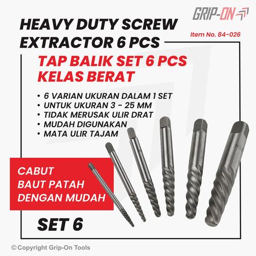 Jual GRIP-ON HEAVY DUTY SCREW EXTRACTOR TAP BALIK KELAS BERAT SET 6 PCS ...