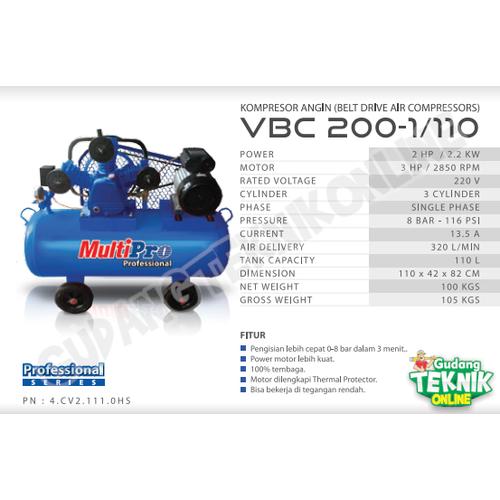 Jual MULTIPRO Kompresor Angin Tabung 110L VBC200-1/110 2HP 1PHASE ...