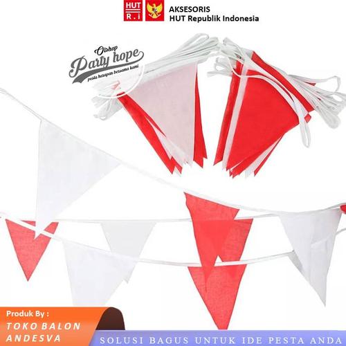 Jual bendera segitiga merah putih poliester / bendera umbul umbul karnaval HUT RI kain / bendera ...
