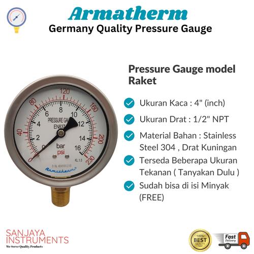 Jual ARMATHERM Pressure Gauge 4" inch 6 - 1000Bar Drat 1/2 Raket ...