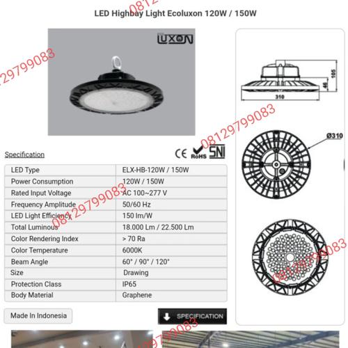 Jual Lampu highbay led luxon 80w 100w 120w 150w 200w led gantung hanging lamp industrial high ...