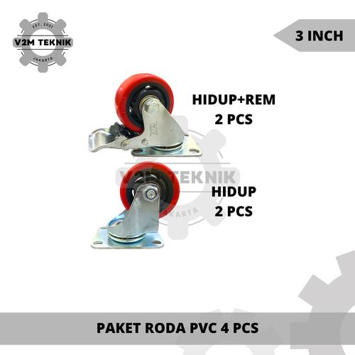 Jual PAKET 4 PCS RODA PVC Merah 3 Inch / Roda Trolley 3" HIDUP MATI REM ...