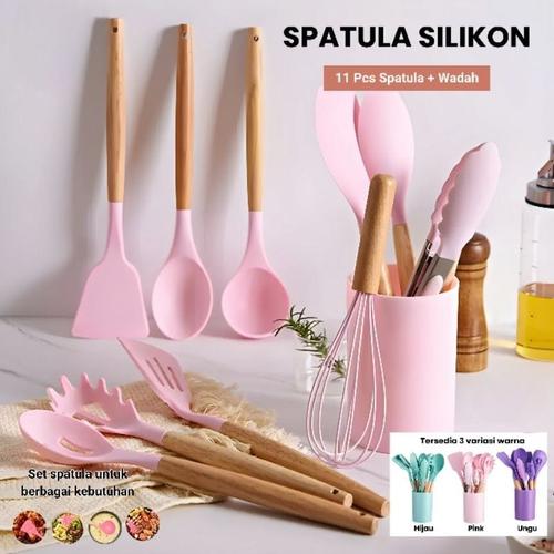 Jual Spatula Silicone Utensil set 12in1 Gagang Kayu Tahan Panas / Spatula Silicon / Utensile ...
