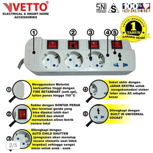 Jual Stop Kontak VETTO 3 Lubang 3 Meter Dengan Switch MS -4 MS4 / 3M Multi Socket Outlets ...