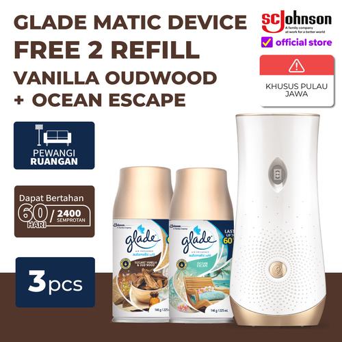 Promo Paket Glade Matic Device Free 2 Refill Vanilla Oudwood + Ocean ...