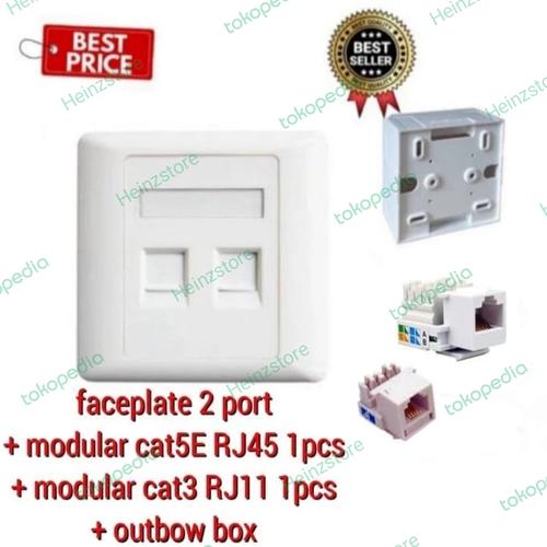 Jual FacePlate UTP 2 Hole + Modullar RJ45+Modullar RJ11+Outbow Box 1pcs ...
