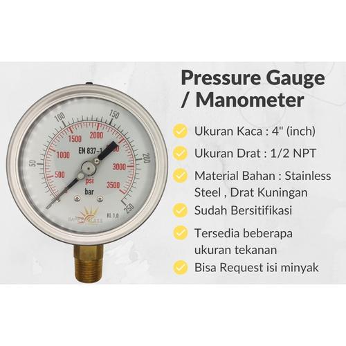 Jual Pressure Gauge 6; 10; 16; 25; 250; 400 Bar Manometer diameter(4 ...