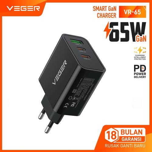 Promo VEGER GaN Charger VR-65 65W 65 Watt 3 Port Output Fast Charging ...