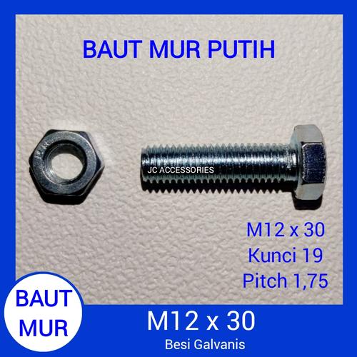 Jual BAUT MUR PUTIH M12 x 30 KUNCI 19 PITCH 1,75 BMP M12x30 BAUT MUR ...