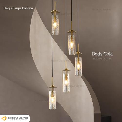 Jual Lampu gantung void tangga 5in1 body gold hitam kaca bermotif 5lampu kaca es minimalis dekor ...
