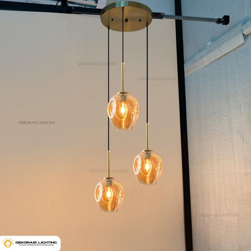 Jual Lampu gantung void tangga minimalis 3in1 body gold kaca teh 3lampu meja makan dekor modern ...